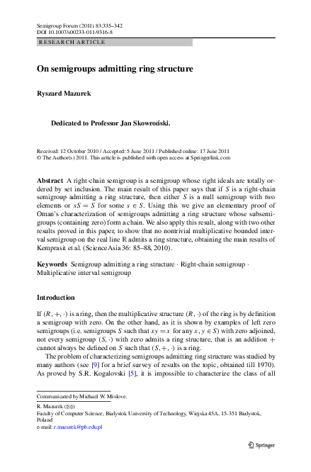 Pdf On Semigroups Admitting Ring Structure Ryszard Mazurek