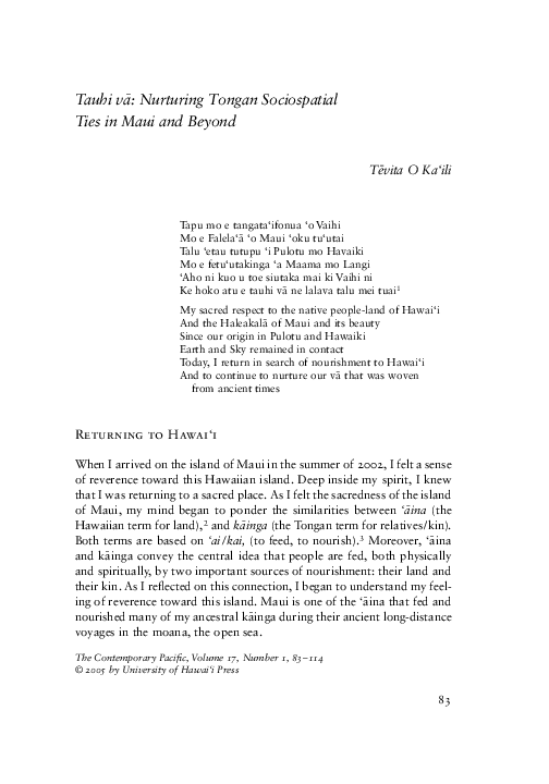 (PDF) Tauhi va: Nurturing Tongan Sociospatial Ties in Maui and Beyond