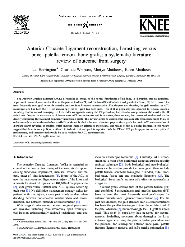 (PDF) Anterior Cruciate Ligament reconstruction, hamstring versus bone–patella tendon–bone ...