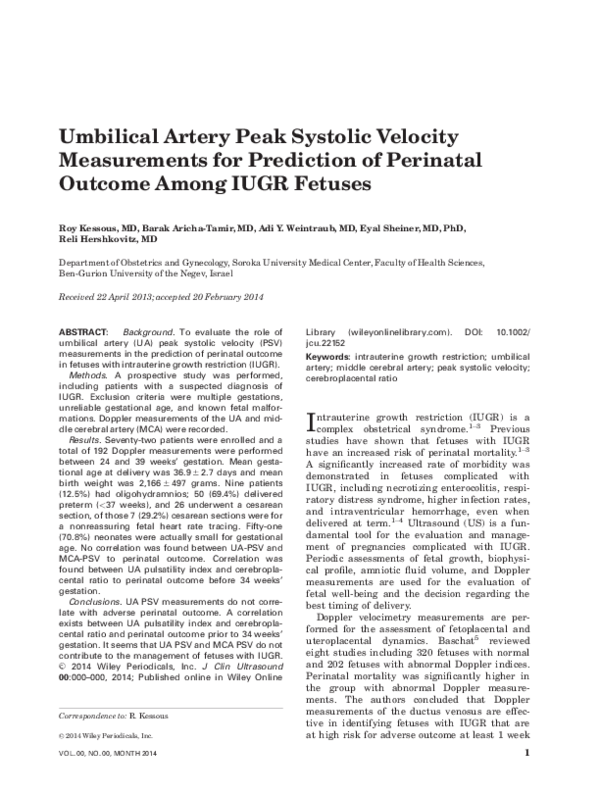 (PDF) Umbilical artery peak systolic velocity measurements for ...