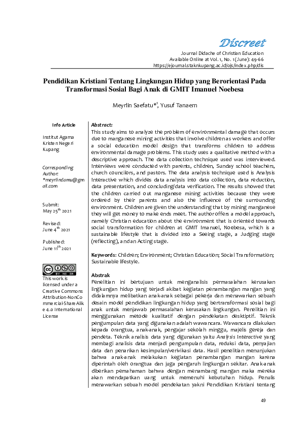 (PDF) Pendidikan Kristiani Tentang Lingkungan Hidup yang Berorientasi Pada Transformasi Sosial ...