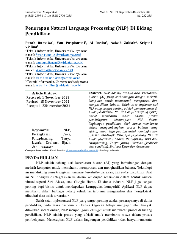 (PDF) Penerapan Natural Language Processing (NLP) di bidang pendidikan
