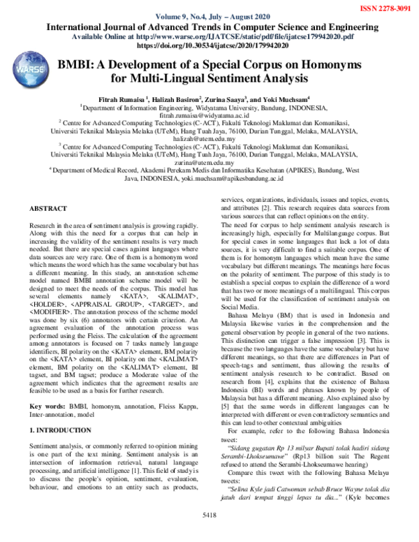 (PDF) BMBI: A Development of a Special Corpus on Homonyms for Multi-Lingual Sentiment Analysis