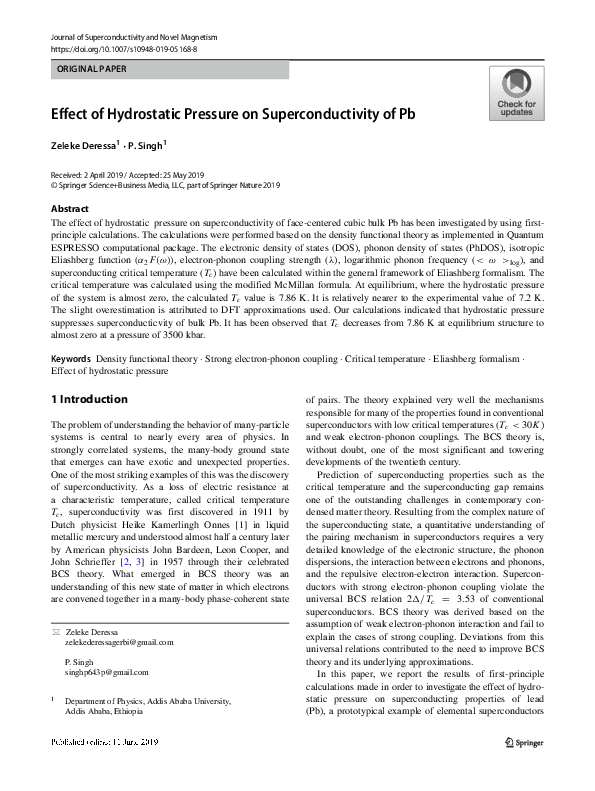 Pdf Effect Of Hydrostatic Pressure On Superconductivity Of Pb