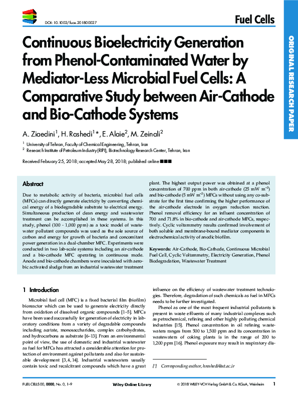 (PDF) Continuous Bioelectricity Generation from Phenol‐Contaminated Water by Mediator‐Less ...