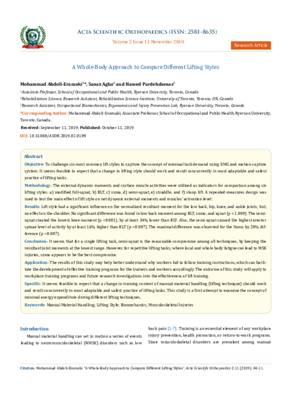 (PDF) A Whole-Body Approach to Compare Different Lifting Styles