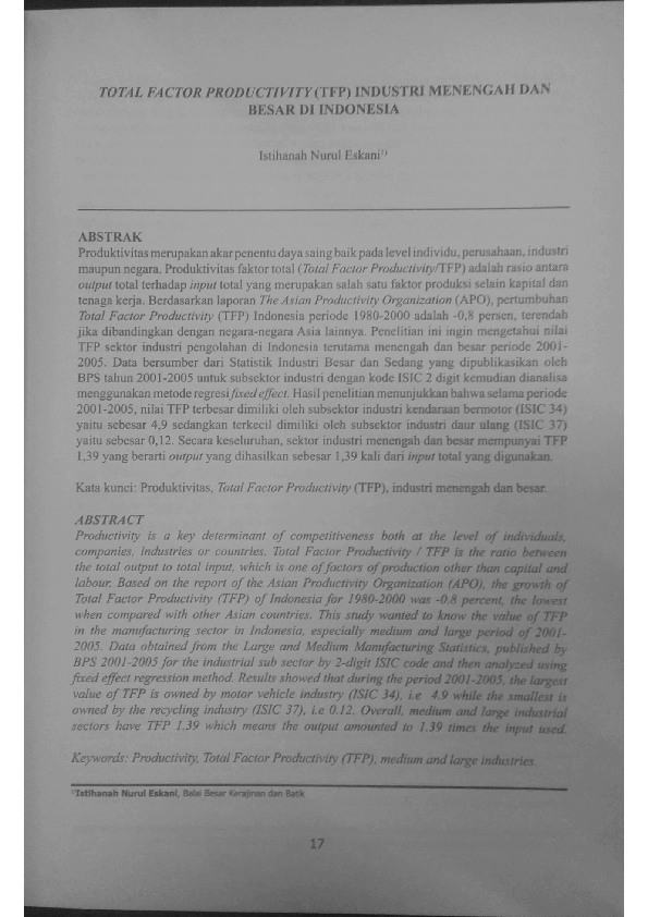 (PDF) Total Factor Productivity (TFP) Industri Menengah dan Besar di ...