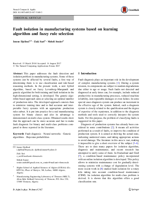 Pdf Fault Isolation In Manufacturing Systems Based On Learning