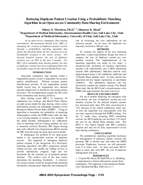(PDF) Reducing duplicate patient creation using a probabilistic matching algorithm in an open ...