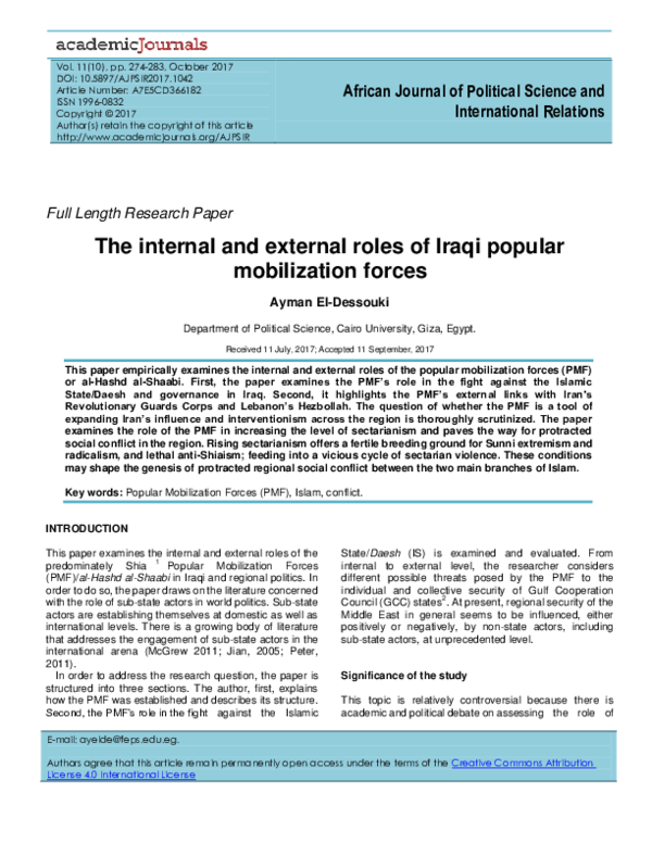 (PDF) The internal and external roles of Iraqi popular mobilization forces