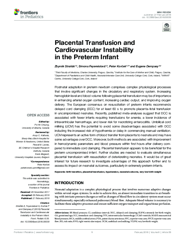 (PDF) Placental Transfusion and Cardiovascular Instability in the Preterm Infant