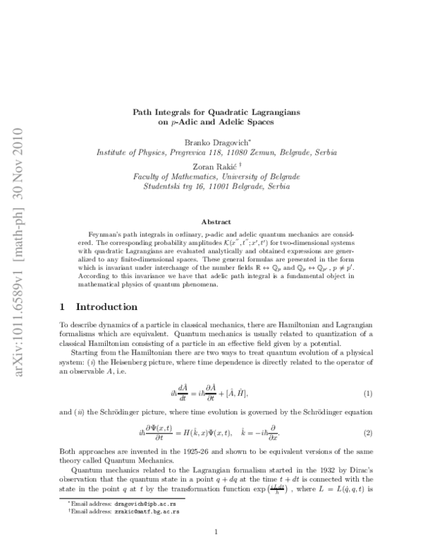(PDF) Path integrals for quadratic lagrangians on p-adic and adelic spaces