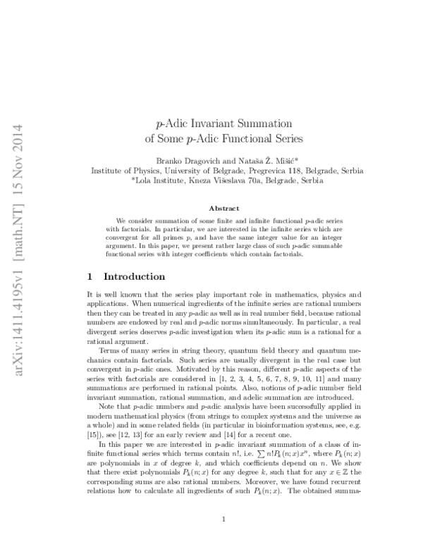 Pdf P Adic Invariant Summation Of Some P Adic Functional Series