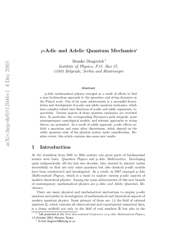 (PDF) p-Adic and Adelic Quantum Mechanics