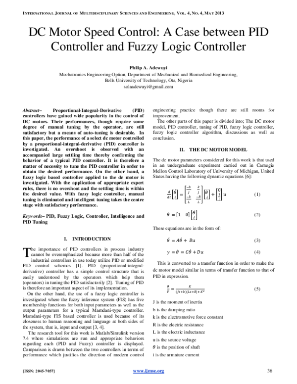 Pdf Dc Motor Speed Control A Case Between Pid Controller And Fuzzy Logic Controller
