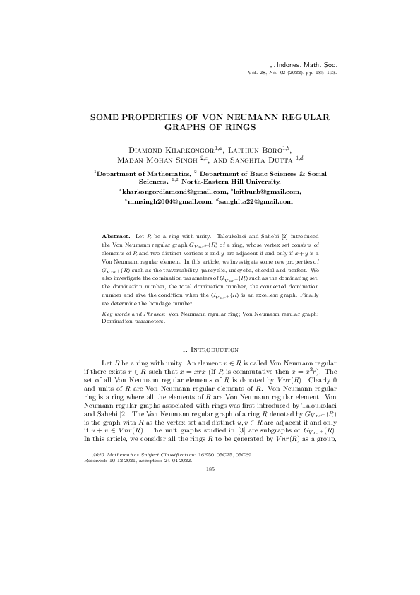 (PDF) Some Properties of Von Neumann Regular Graphs of Rings | Diamond ...