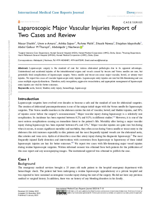 (PDF) Laparoscopic major vascular Injuries report of two cases and review