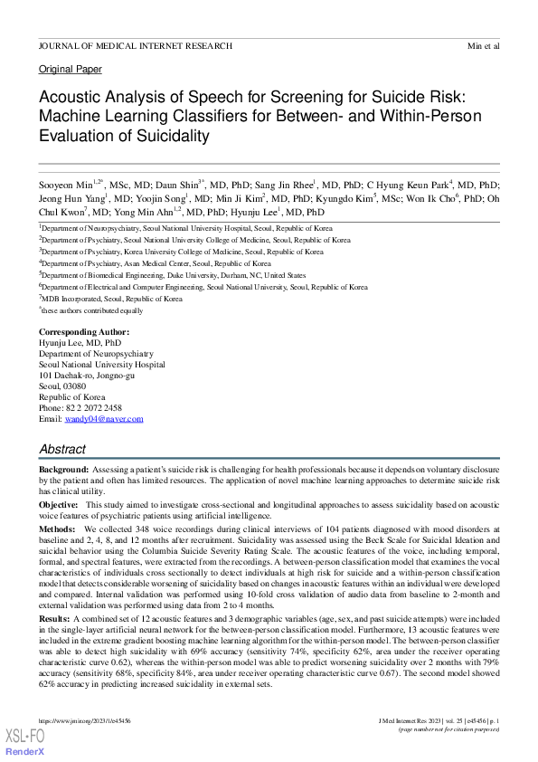Pdf Acoustic Analysis Of Speech For Screening For Suicide Risk Machine Learning Classifiers