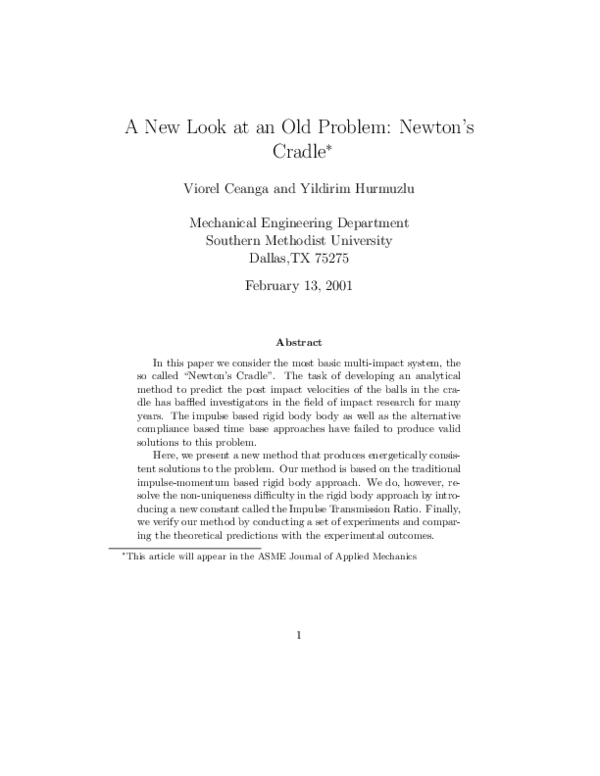 (PDF) A New Look at an Old Problem: Newton’s Cradle