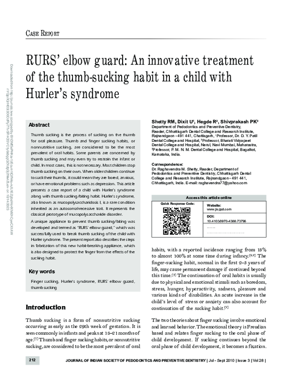 (PDF) RURS' elbow guard: An innovative treatment of the thumb-sucking habit in a child with ...