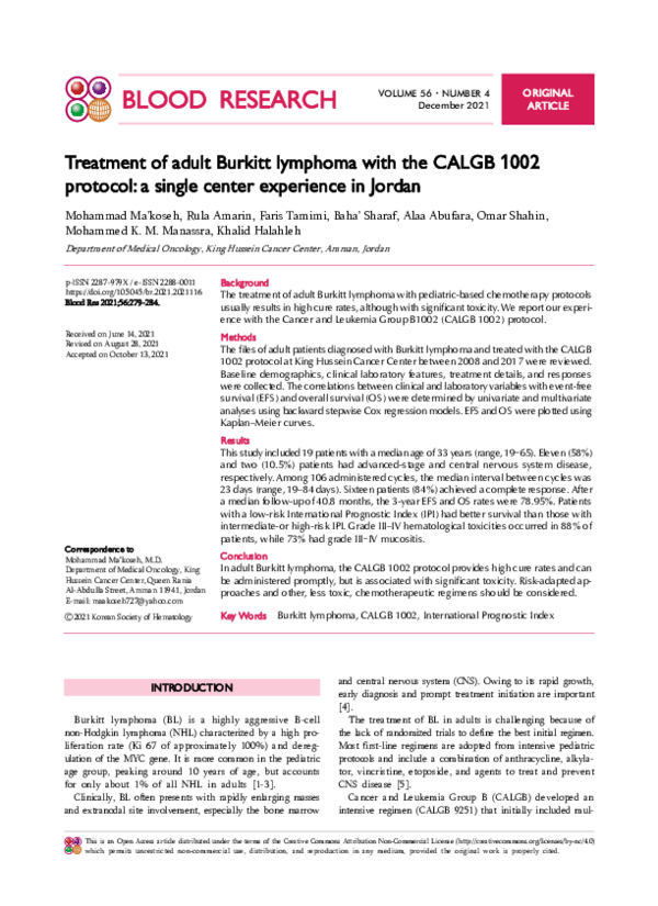 (PDF) Treatment of adult Burkitt lymphoma with the CALGB 1002 protocol ...