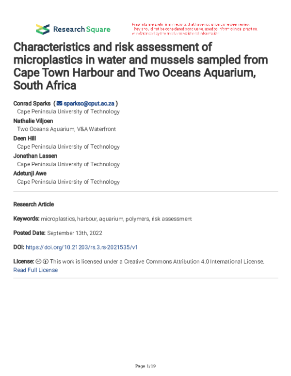(PDF) Characteristics and risk assessment of microplastics in water and mussels sampled from ...
