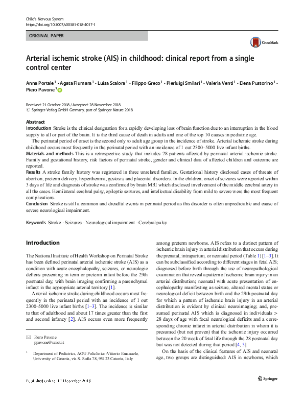 (PDF) Arterial ischemic stroke (AIS) in childhood: clinical report from ...