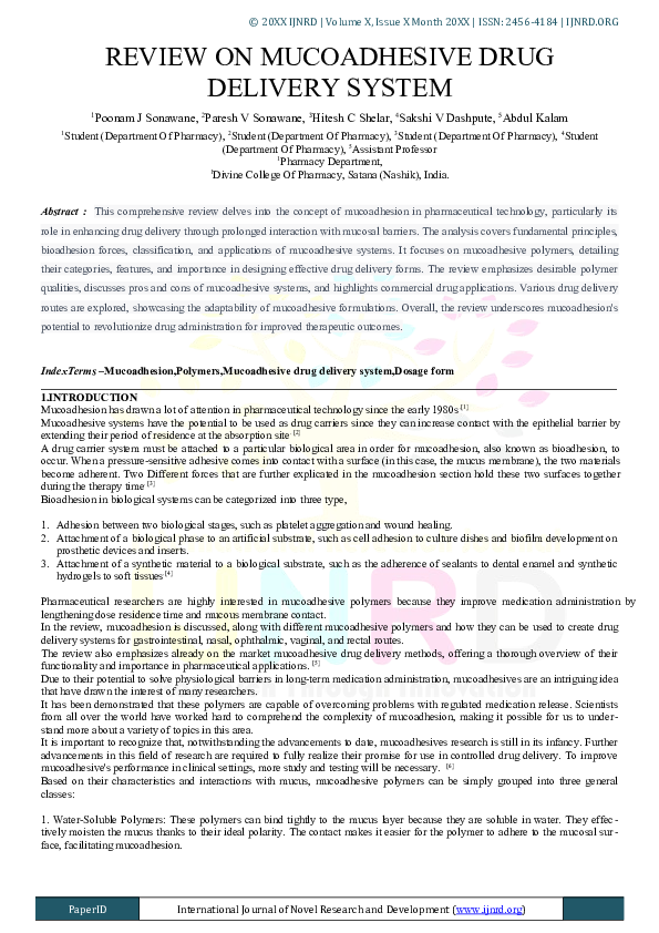 (DOC) REVIEW ON MUCOADHESIVE DRUG DELIVERY SYSTEM