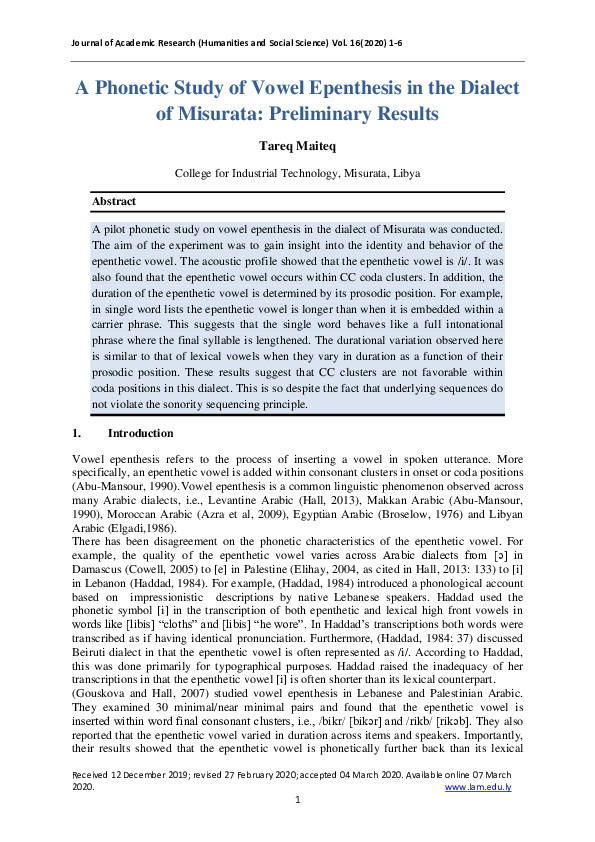 (PDF) A Phonetic Study of Vowel Epenthesis in the Dialect of Misurata ...