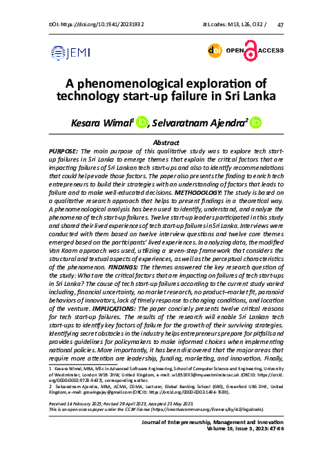 (PDF) A phenomenological exploration of technology start-up failure in Sri Lanka