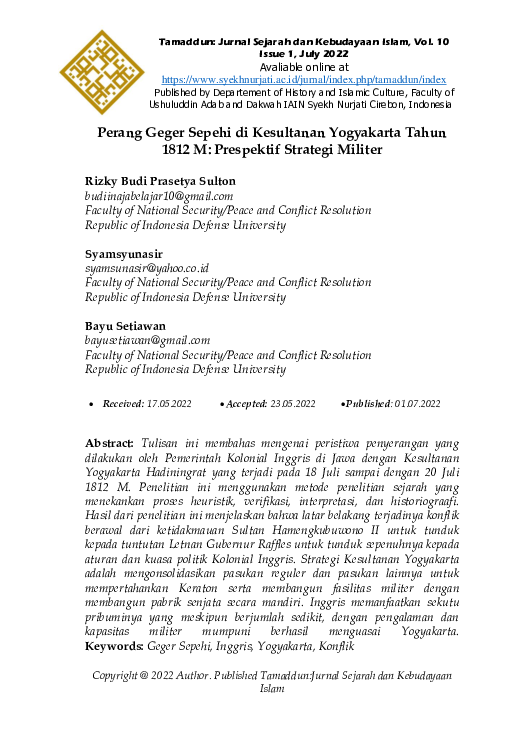 (PDF) Perang Geger Sepehi di Kesultanan Yogyakarta Tahun 1812 M ...