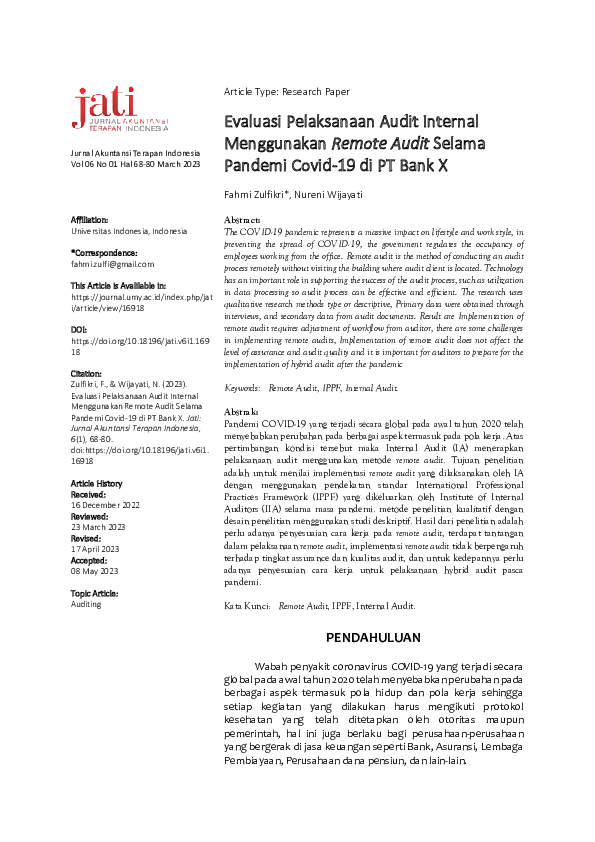 (PDF) Evaluasi Pelaksanaan Audit Internal Menggunakan Remote Audit Selama Pandemi Covid-19 di PT ...
