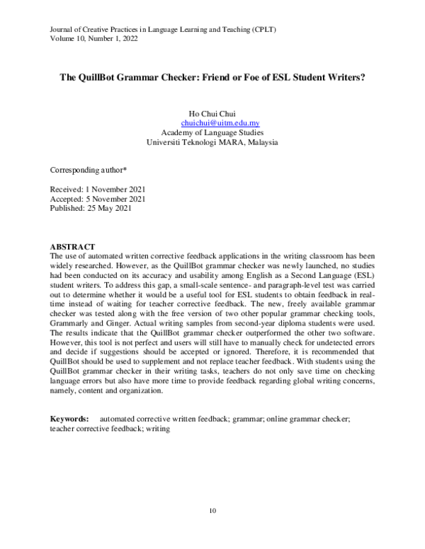 (PDF) The QuillBot Grammar Checker: Friend or Foe of ESL Student Writers