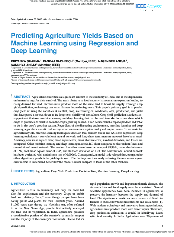 Pdf Predicting Agriculture Yields Based On Machine Learning Using Regression And Deep Learning