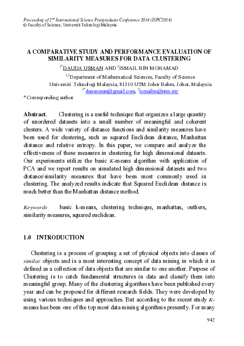 (PDF) A comparative study and performance evaluation of similarity measures for data clustering