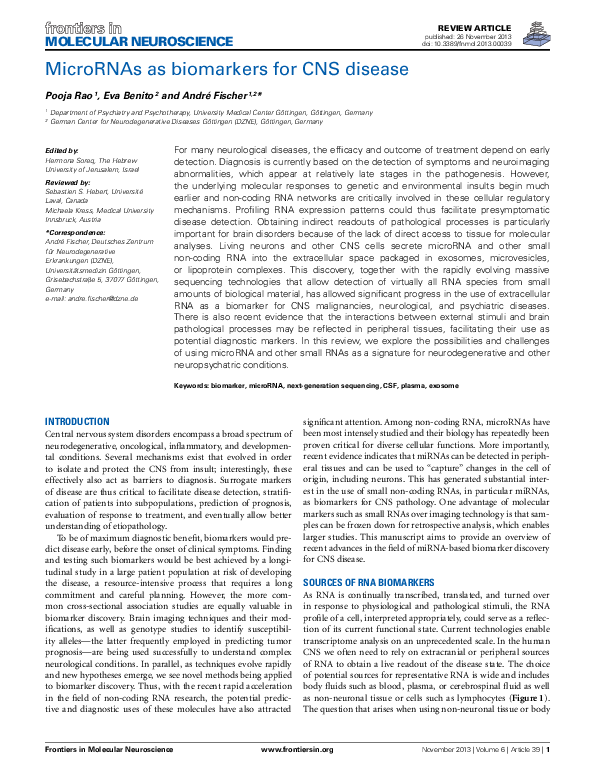 (PDF) MicroRNAs as biomarkers for CNS disease