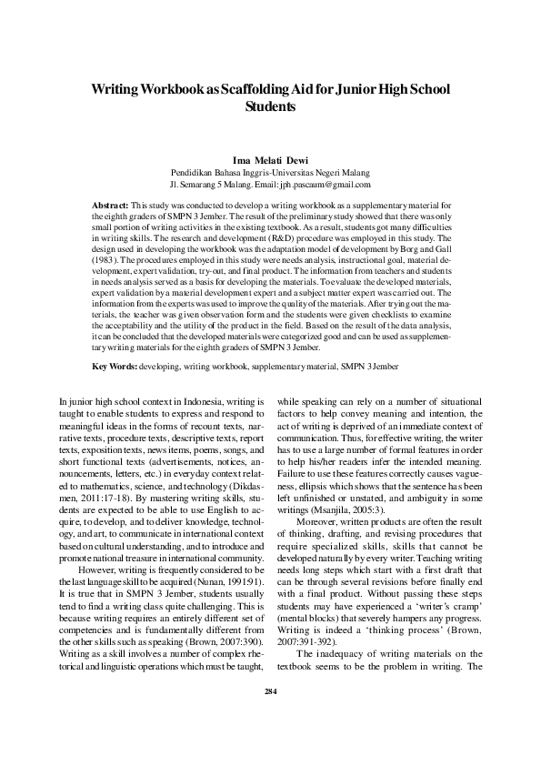 (PDF) Writing Workbook as Scaffolding Aid for Junior High School Students