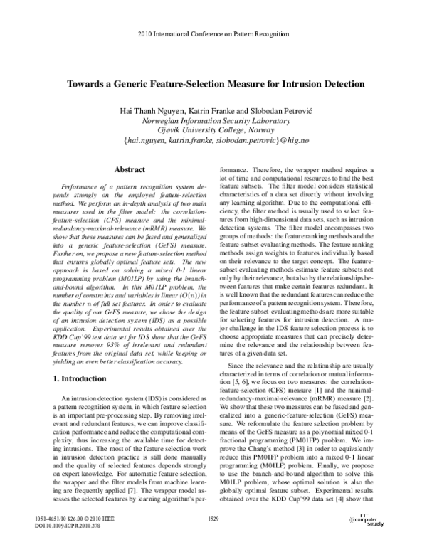 Pdf Towards A Generic Feature Selection Measure For Intrusion Detection