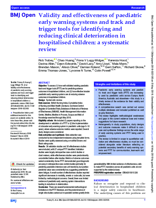Pdf Validity And Effectiveness Of Paediatric Early Warning Systems And Track And Trigger Tools