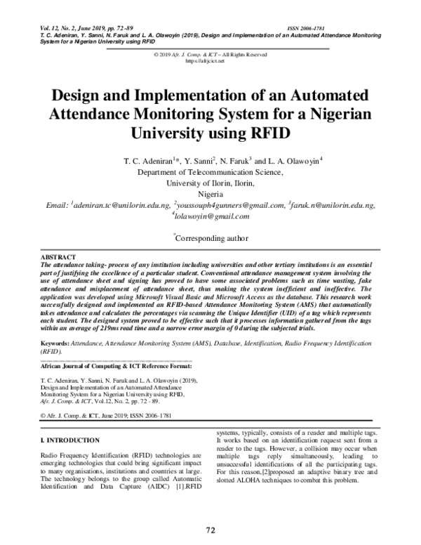 (PDF) Design and Implementation of an Automated Attendance Monitoring System for a Nigerian ...
