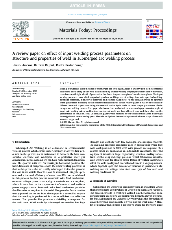 (PDF) A review paper on effect of input welding process parameters on structure and properties ...