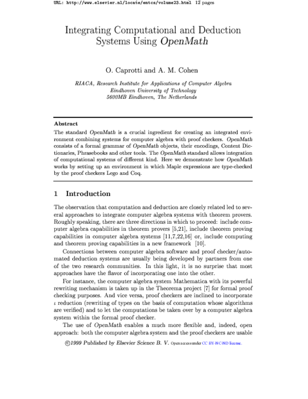 (PDF) Integrating Computational and Deduction Systems Using OpenMath | Olga Caprotti - Academia.edu