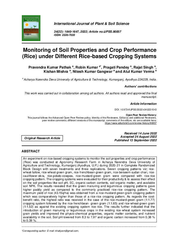 (PDF) Monitoring of Soil Properties and Crop Performance (Rice) under Different Rice-based ...