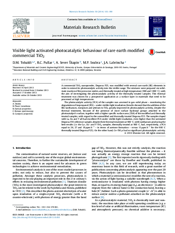 Pdf Visible Light Activated Photocatalytic Behaviour Of Rare Earth Modified Commercial Tio2