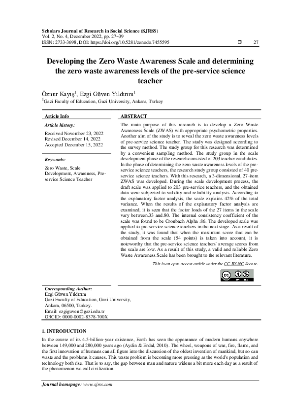(PDF) Developing the Zero Waste Awareness Scale and determining the ...
