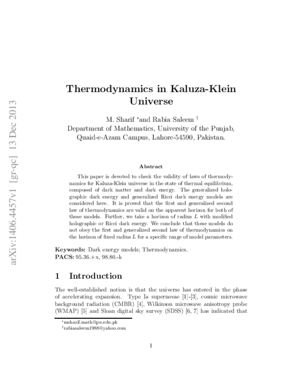(PDF) Thermodynamics in Kaluza–Klein Universe