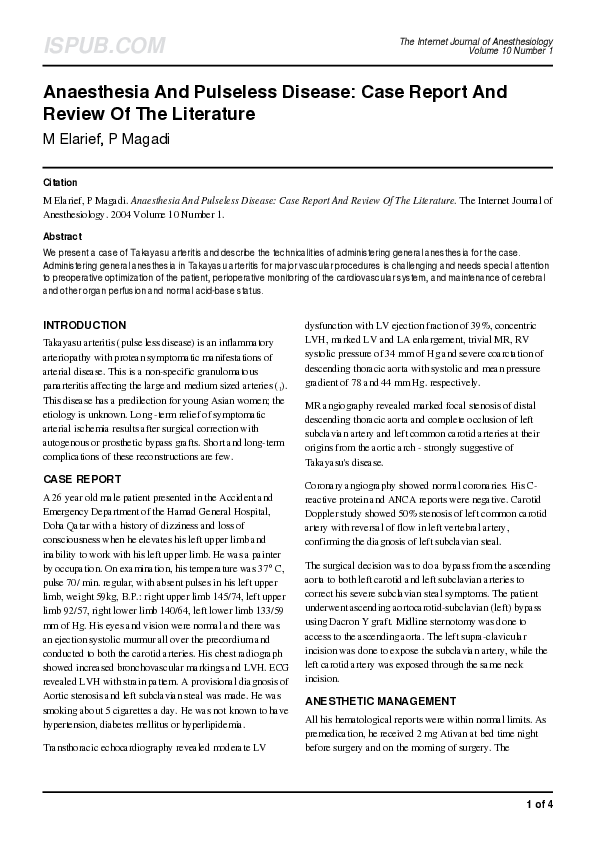 (PDF) Anaesthesia And Pulseless Disease: Case Report And Review Of The ...