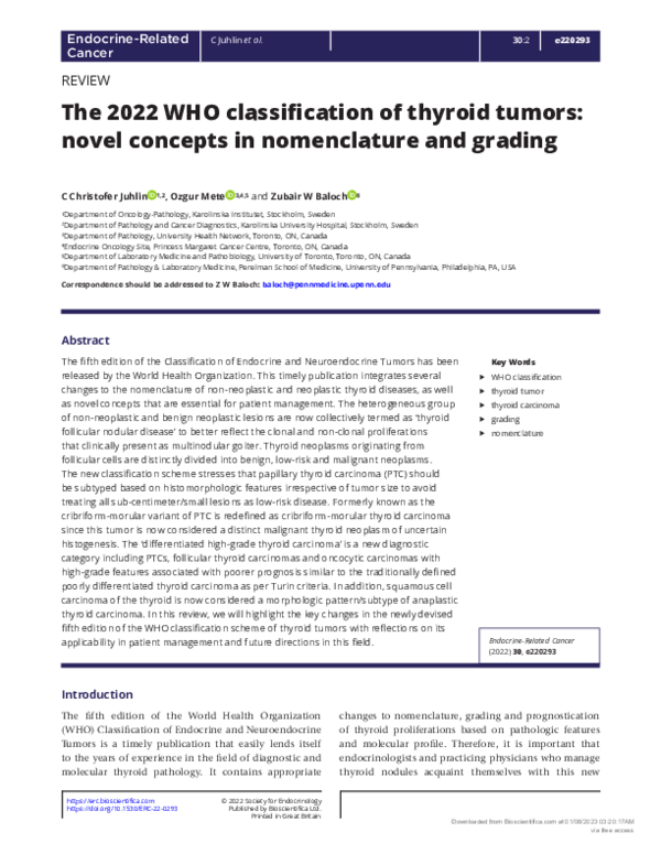 (PDF) The 2022 WHO classification of thyroid tumors: novel concepts in ...
