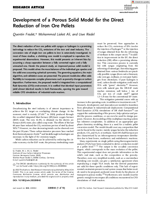 Pdf Development Of A Porous Solid Model For The Direct Reduction Of Iron Ore Pellets