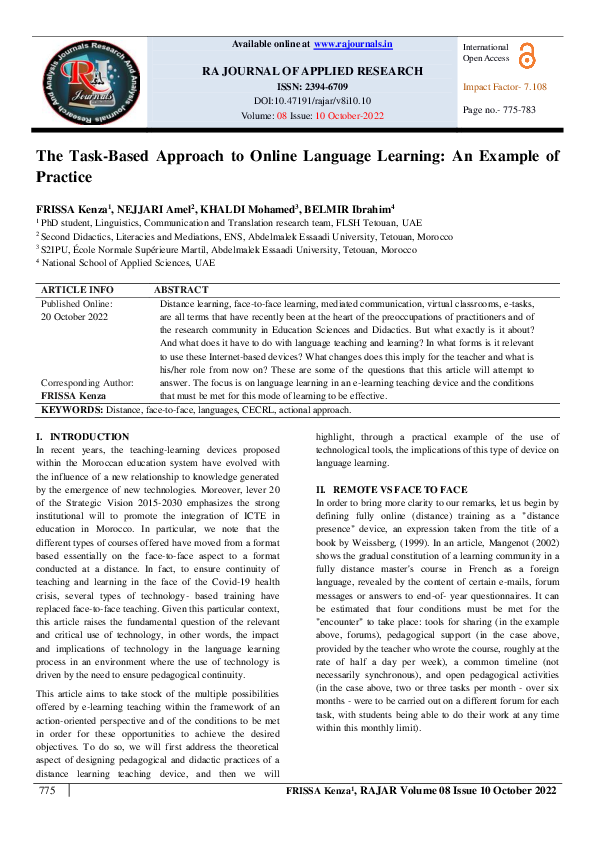 (PDF) The Task-Based Approach to Online Language Learning: An Example of Practice